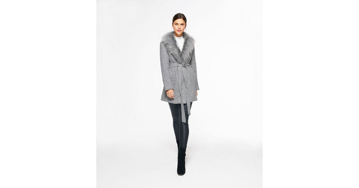 Pale Grey Faux Fur Collar Belted Coat New Look