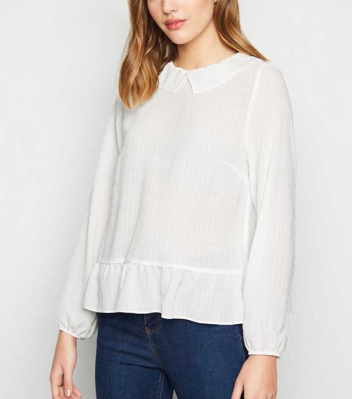 Off White Textured Collared Peplum Blouse | New Look