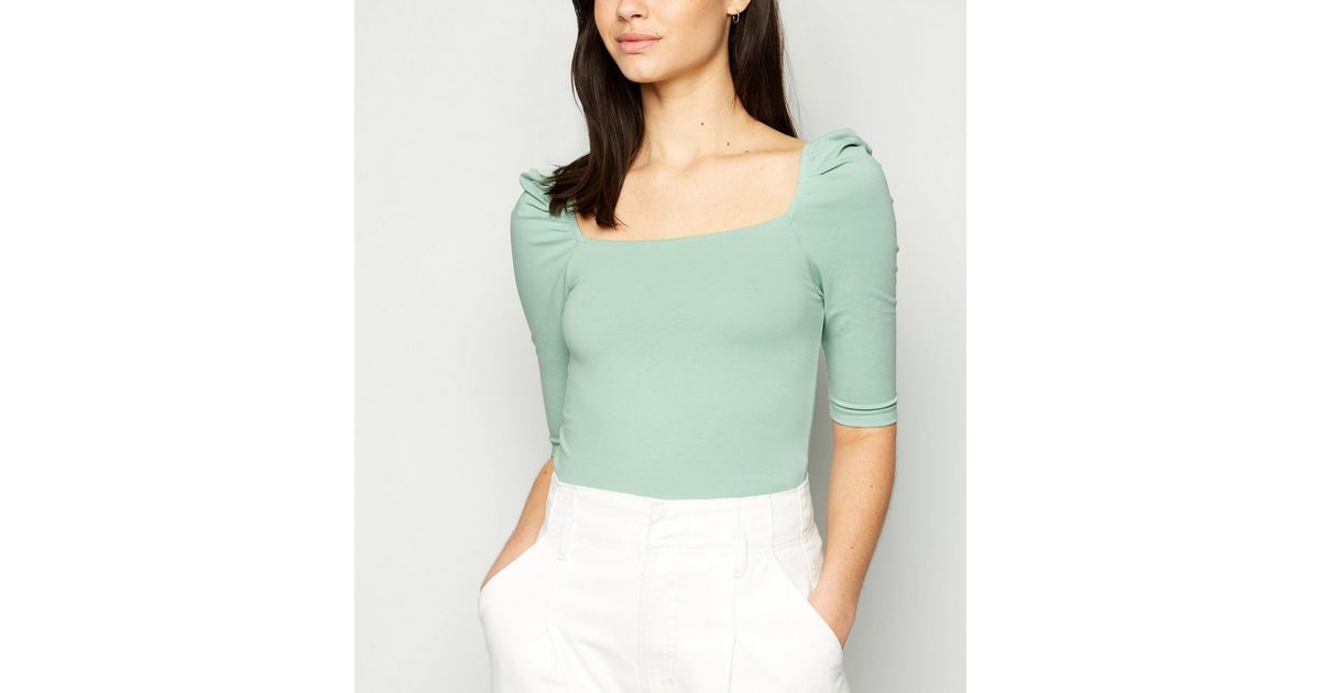Light Green Square Neck Puff Sleeve Top | New Look