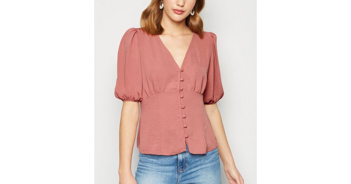 Mid Pink Button Front Puff Sleeve Blouse | New Look