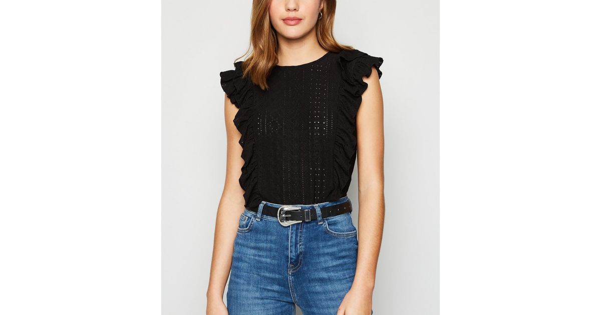Black Broderie Ruffle Trim Sleeveless Top | New Look