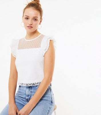 White Lace Mesh Trim Tie Back Top | New Look