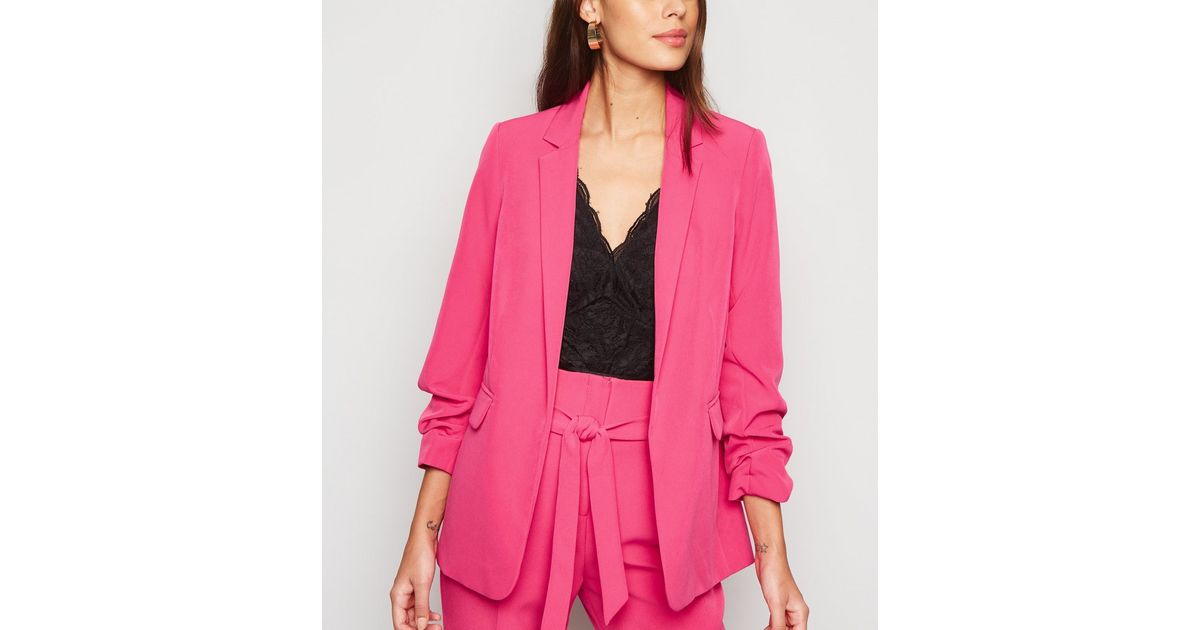 Bright Pink Ruched Sleeve Long Blazer | New Look