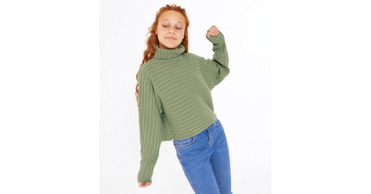 Girls Khaki Ribbed Knit Roll Neck Jumper | New Look