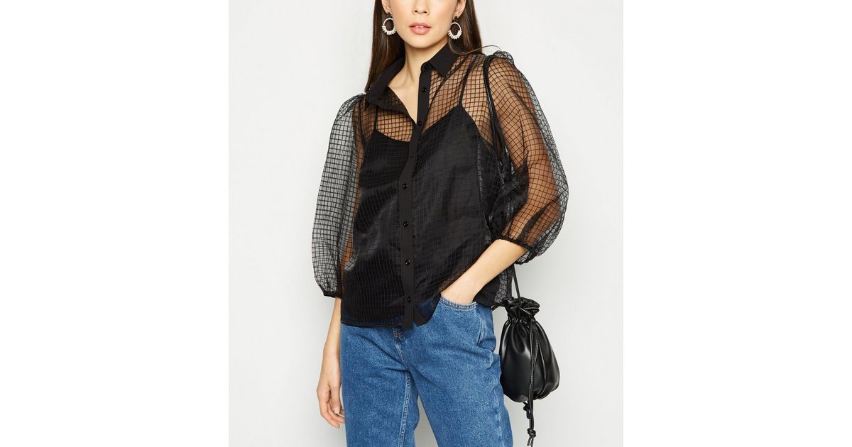 Black Check Organza Puff Sleeve Shirt New Look