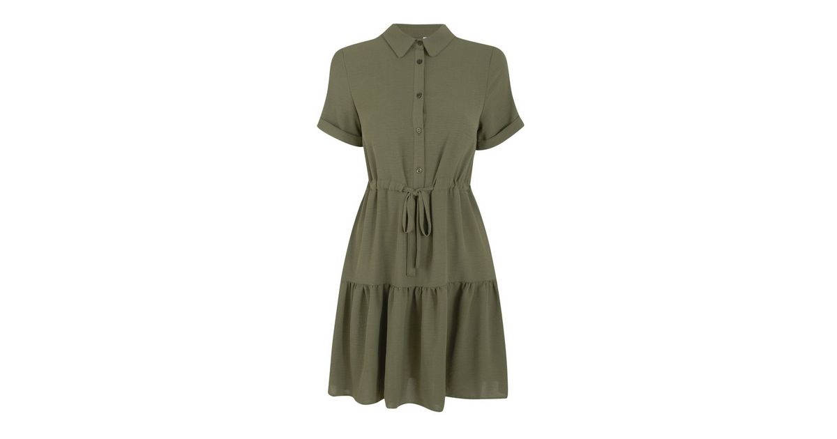 Khaki Drawstring Waist Tiered Shirt Dress | New Look