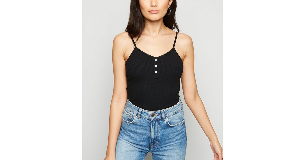 Black Button Front Ribbed Bodysuit | New Look