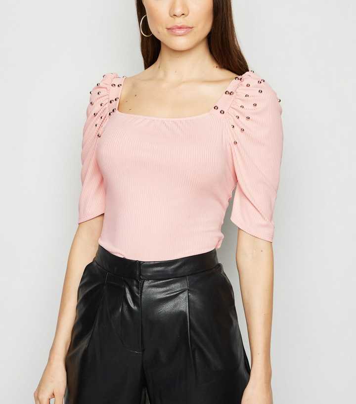 Cameo Rose Pale Pink Stud Puff Sleeve Top | New Look