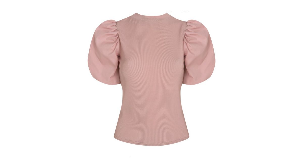Petite Pale Pink Ribbed Poplin Puff Sleeve Top | New Look