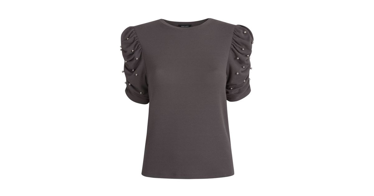 Grey Fine Knit Ruched Sleeve Top | New Look
