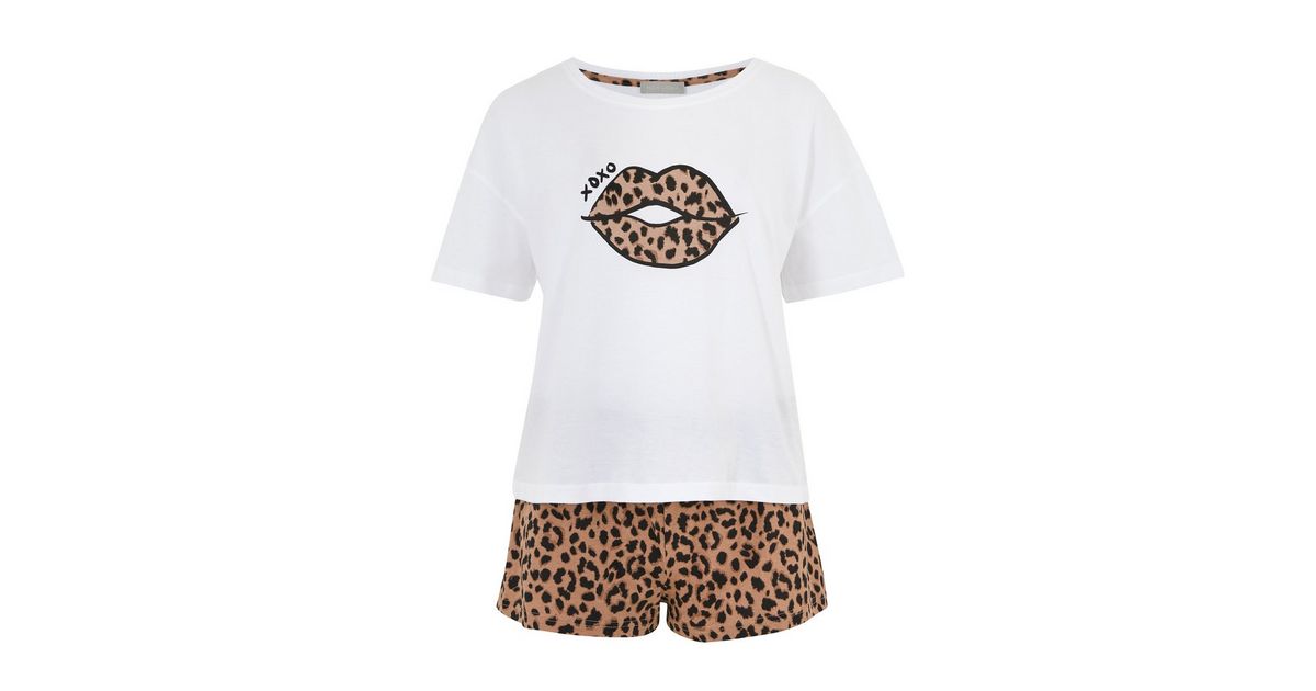 White Leopard Print Lips Short Pyjama Set | New Look