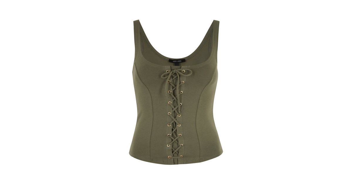 Khaki Tie Lace Up Front Vest | New Look