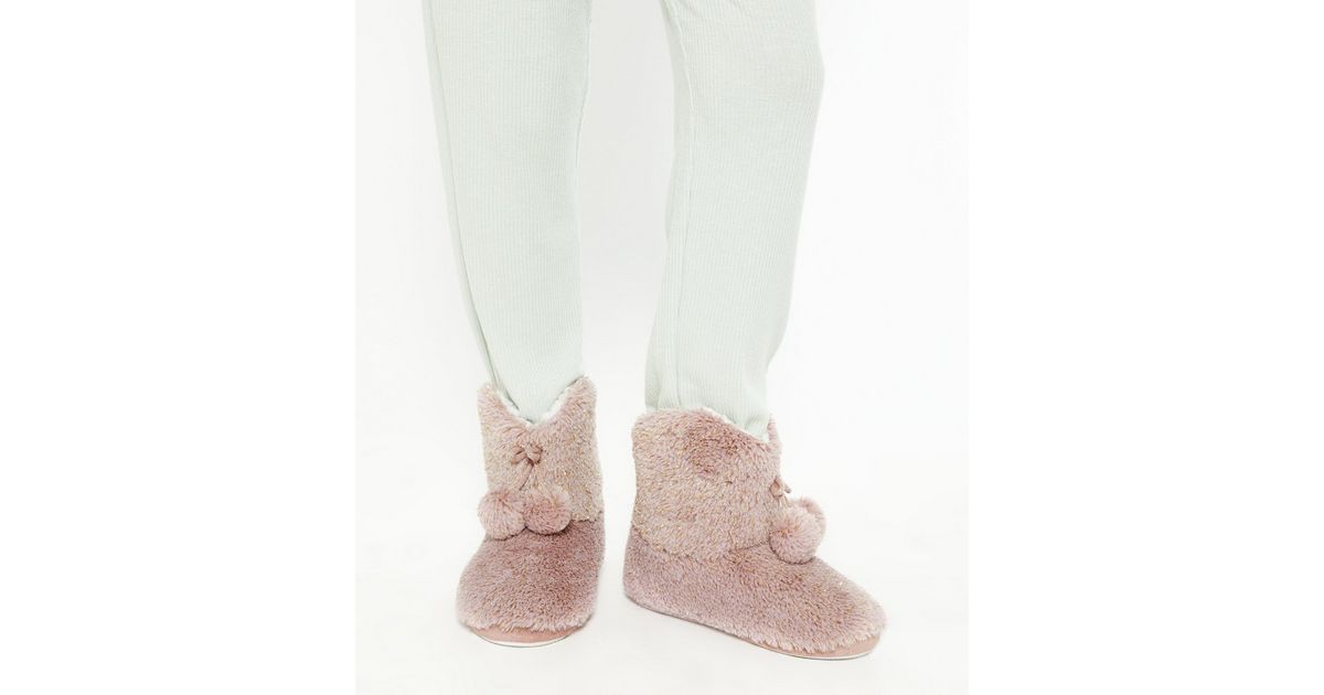 Pink Faux Fur Pom Pom Boot Slippers | New Look