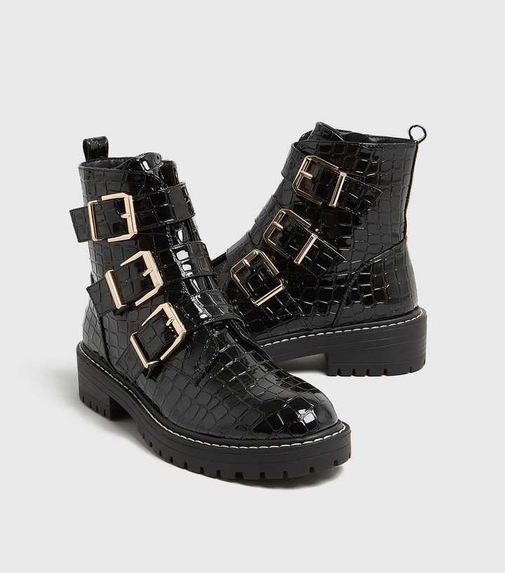 Black Patent Faux Croc Chunky Buckle Boots | atelier-yuwa.ciao.jp