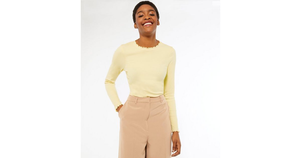 Pale Yellow Ribbed Frill Trim Long Sleeve Top | New Look