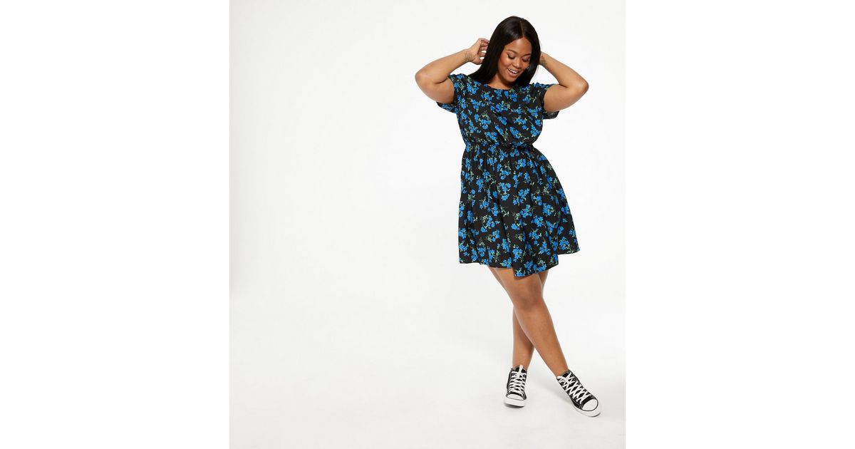 Curves Blue Floral Shirred Waist Dress | New Look
