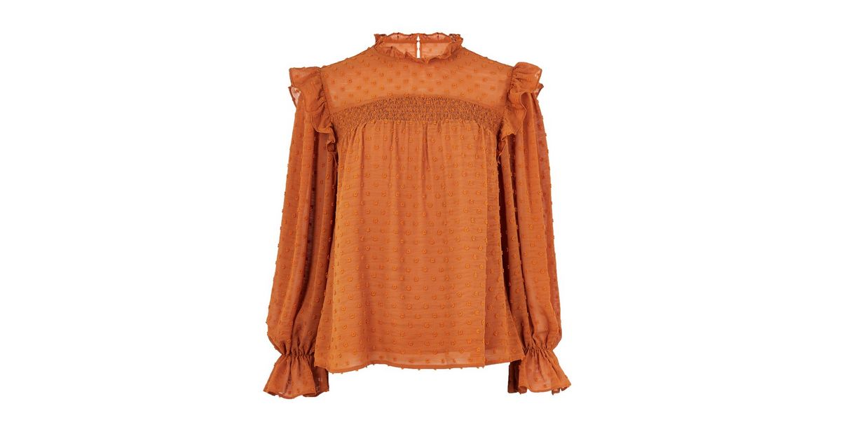 Rust Chiffon Spot Frill Puff Sleeve Blouse | New Look