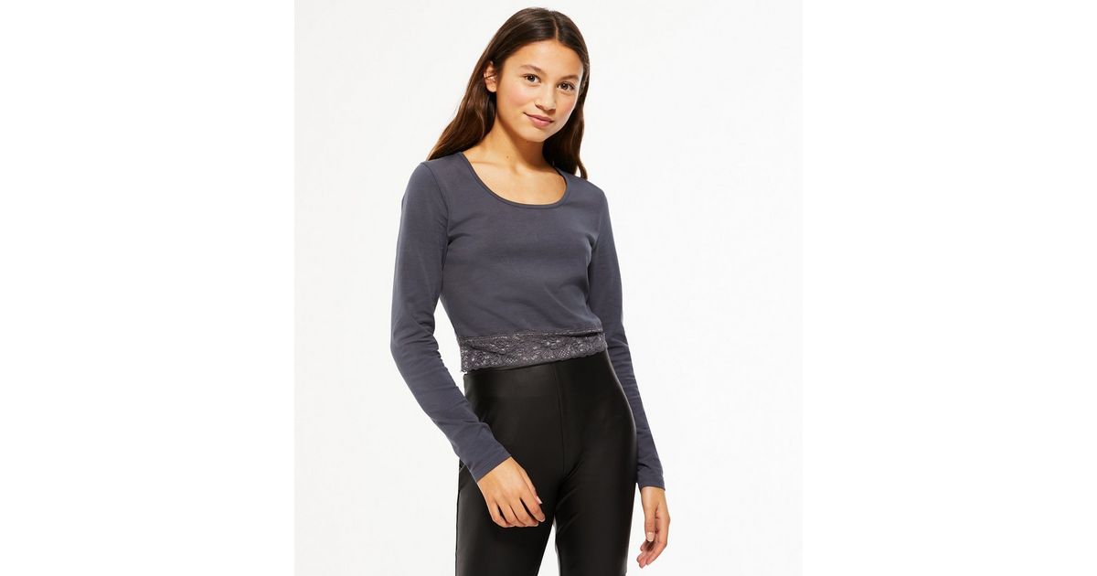 Girls Dark Grey Lace Hem Long Sleeve Top | New Look