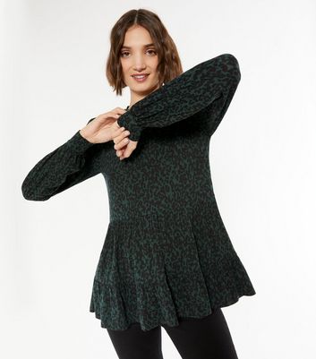 Green Leopard Print Tiered Peplum Top | New Look