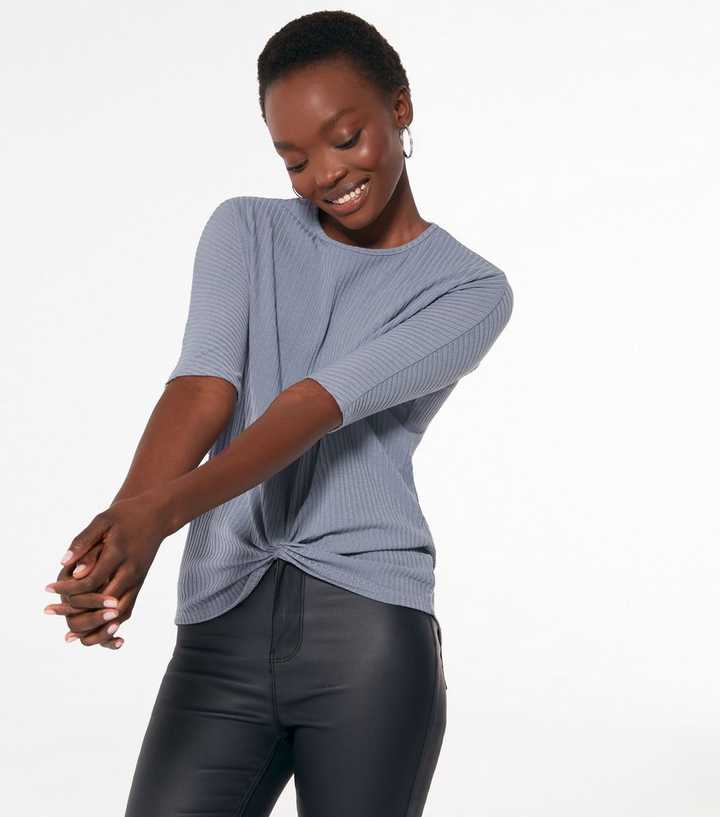 Pale Grey Ribbed Twist Front Long Top | New Look