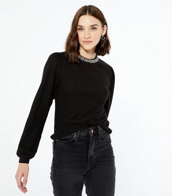Black Fine Knit Gem Neck Puff Sleeve Top | New Look