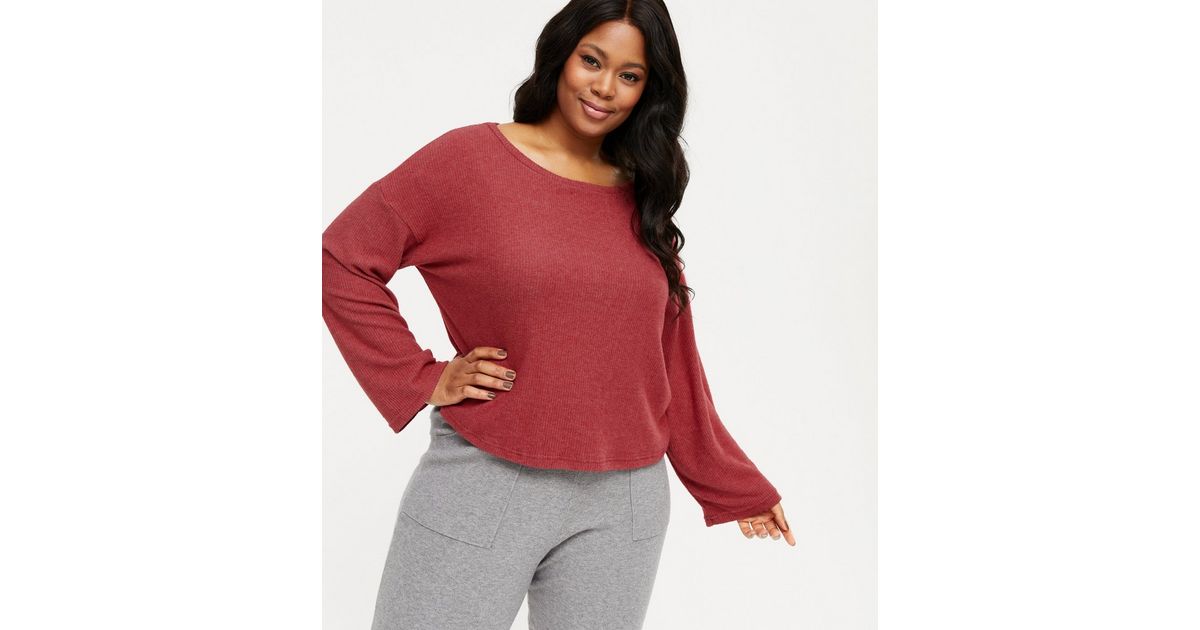 Curves Red Ribbed Off Shoulder Lounge Top | New Look