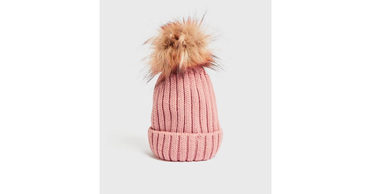 Girls Pink Knit Faux Fur Bobble Hat | New Look