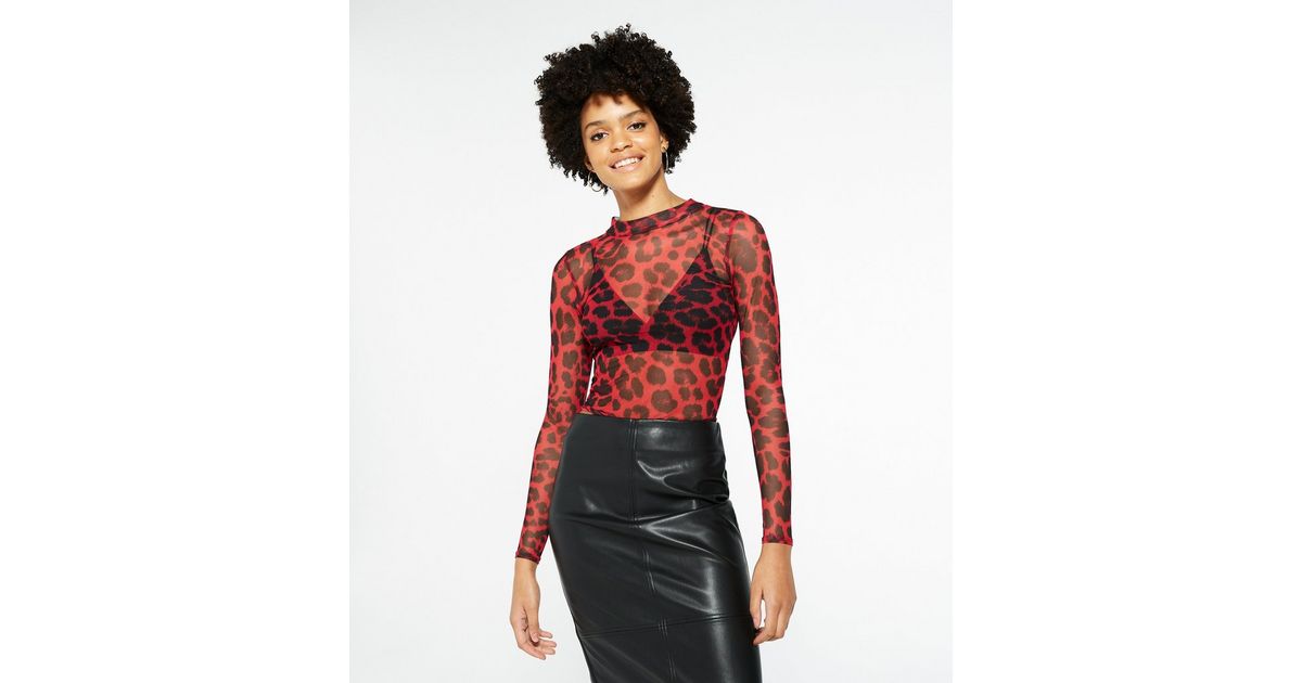 Red Leopard Print Mesh High Neck Top | New Look