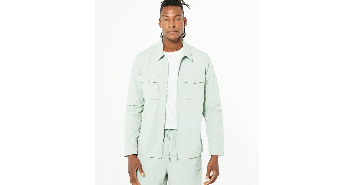Mint Green Nylon Zip Front Collared Shacket | New Look
