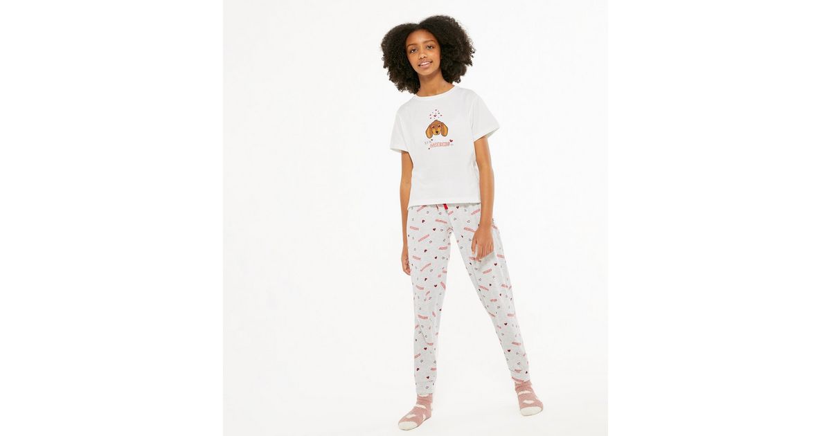 Girls White Sausage Dog Weekend Logo Jogger Pyjama Set | New Look