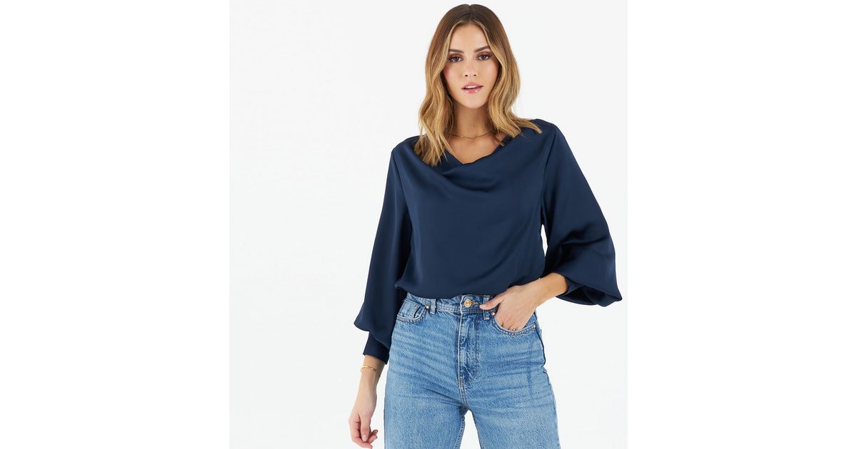 Zibi London Navy Satin Cowl Neck Blouse | New Look