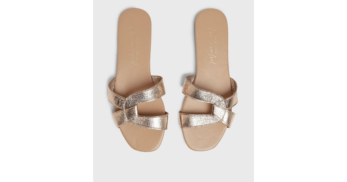 Rose Gold Metallic Cross Strap Sliders | New Look