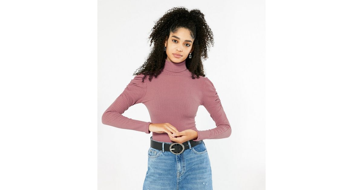 Mid Pink High Neck Puff Sleeve Ribbed Top | New Look