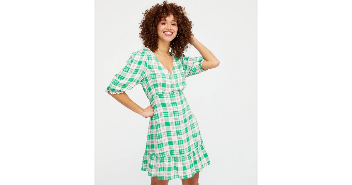 Green Check Button Front Tiered Mini Dress | New Look