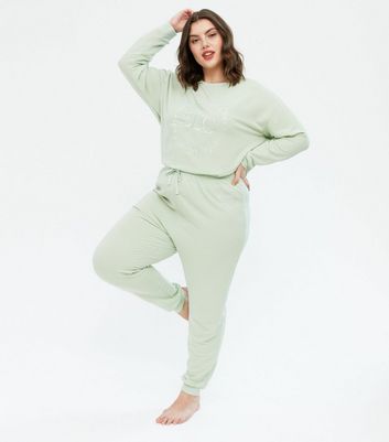 Curves Light Green Sunday Logo Lounge Cuffed Joggers | New Look