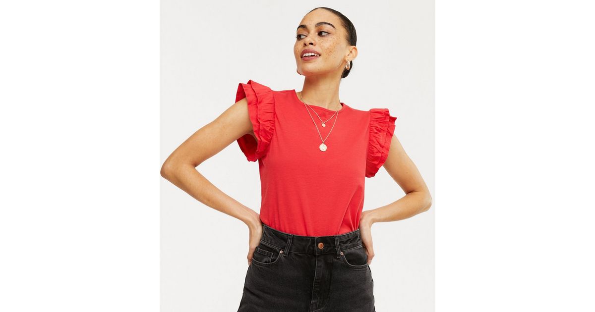 Red Frill Sleeve T-Shirt | New Look