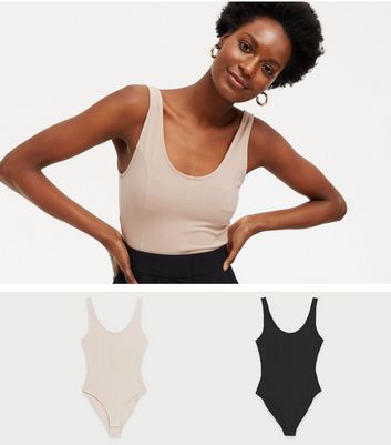 2 Pack Black and Light Brown Corset Seam Bodysuits | New Look
