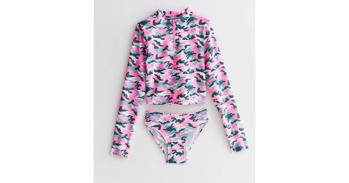 Girls Pink Camo Long Sleeve Swimsuit Set | New Look