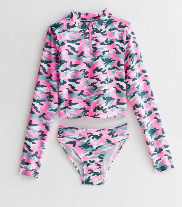 Girls Pink Camo Long Sleeve Swimsuit Set | New Look