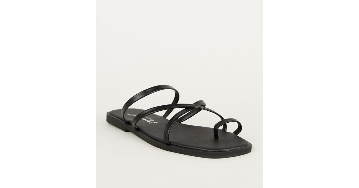 Black Leather-Look Toe Loop Strappy Sliders | New Look
