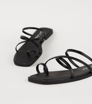 Black Leather-Look Toe Loop Strappy Sliders | New Look