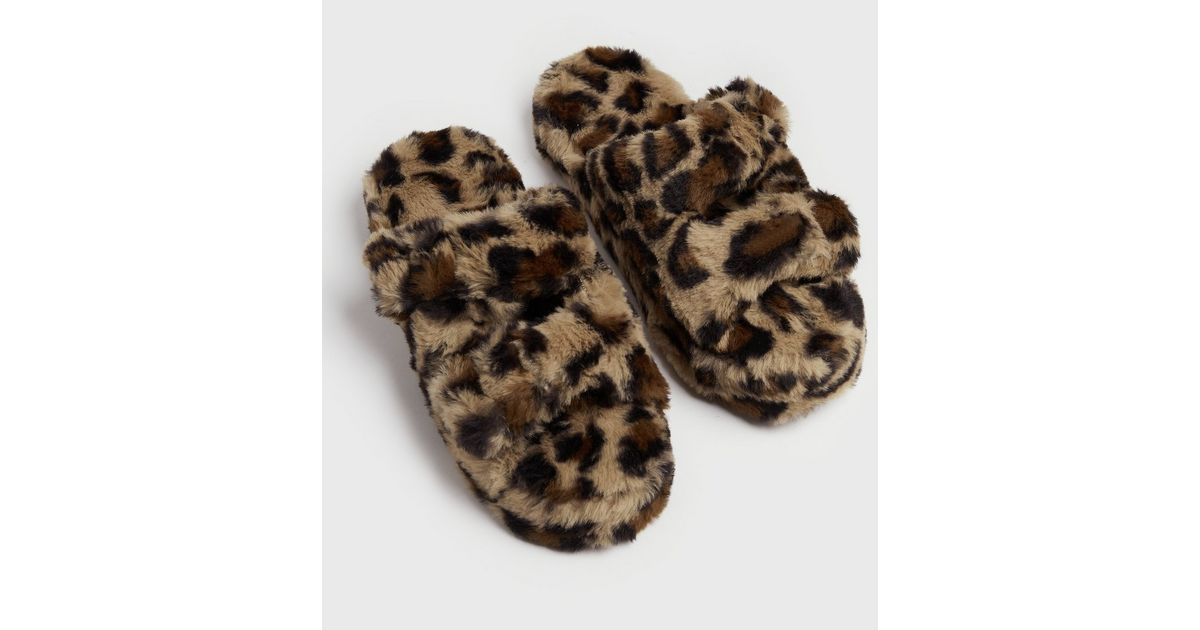 Stone Leopard Print Fluffy Buckle Slider Slippers | New Look
