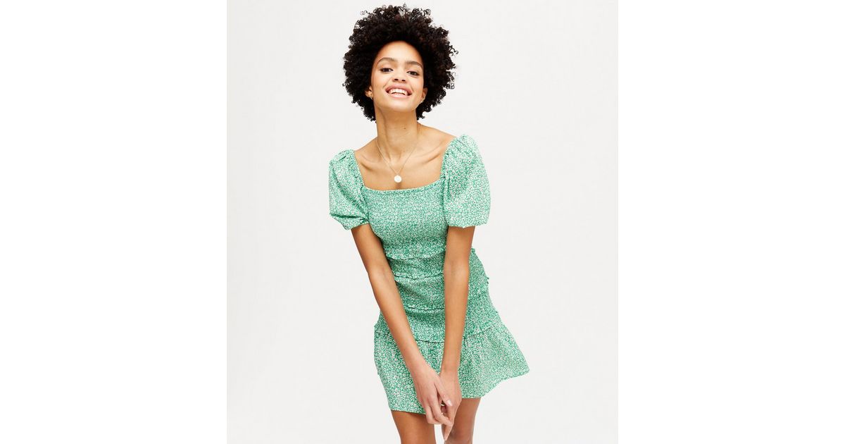 Influence Green Ditsy Floral Shirred Mini Dress | New Look