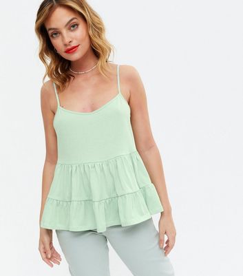 Petite Light Green Tiered Peplum Cami | New Look