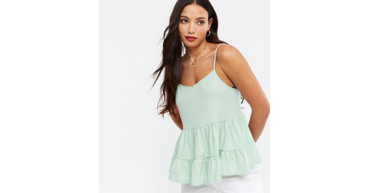 Tall Light Green Tiered Peplum Cami | New Look