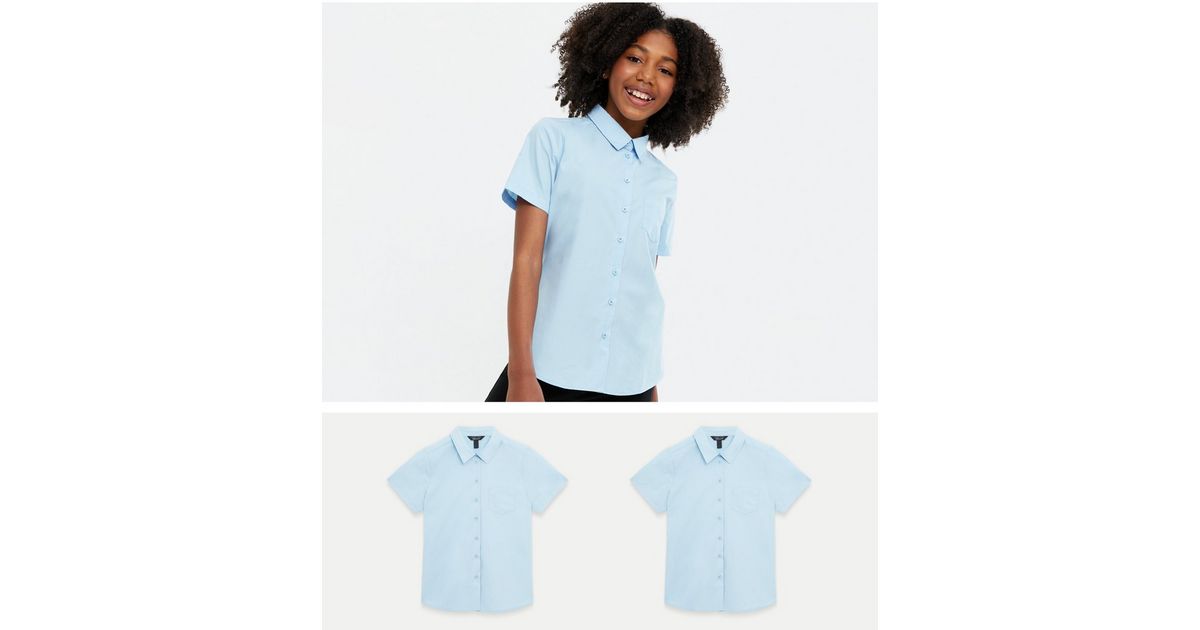 Girls 2 Pack Pale Blue Collared Short Sleeve Shirts | New Look