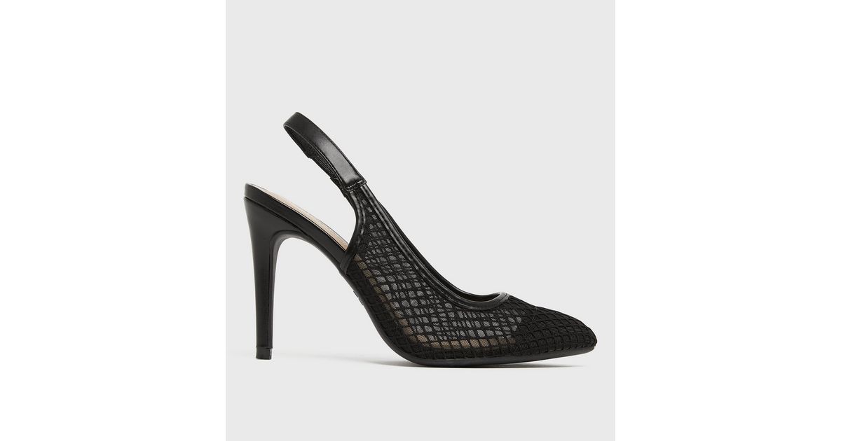 Black Mesh Slingback Stiletto Court Shoes | New Look