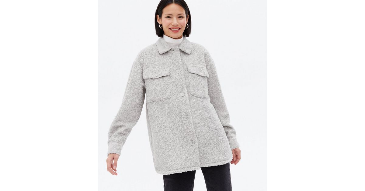 Pale Grey Teddy Pocket Front Shacket | New Look
