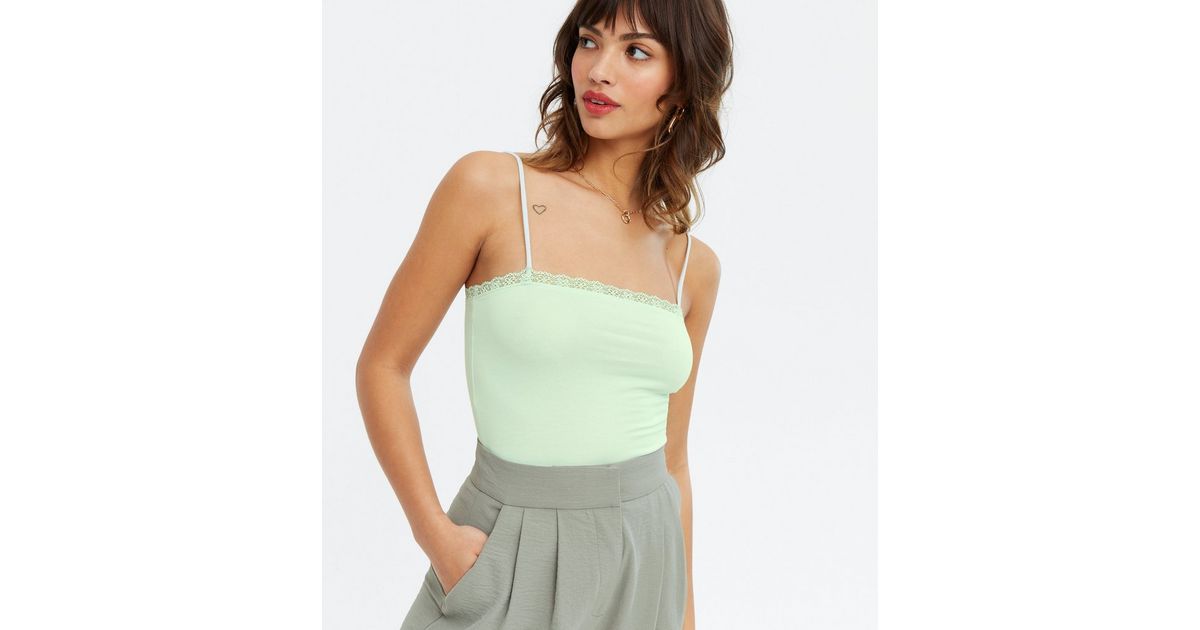 Light Green Lace Trim Square Neck Cami | New Look