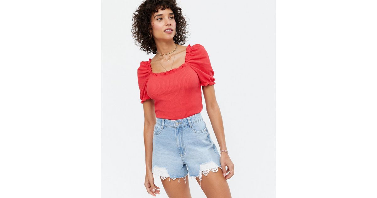 Red Textured Square Neck Puff Sleeve Top | New Look